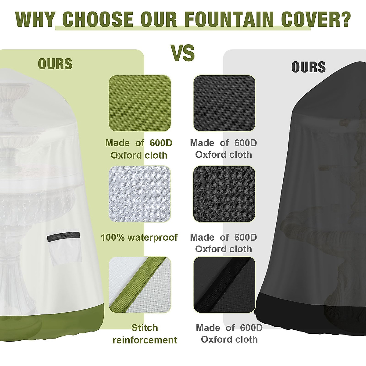 Tatuo 36"x42" Garden Fountain Covers for Winter 600d Oxford Waterproof Outdoor Fountain Covers Waterproof Outdoor Statue Covers for Indoor Furniture Outdoor Garden Fountain Statue (White, Army Green)