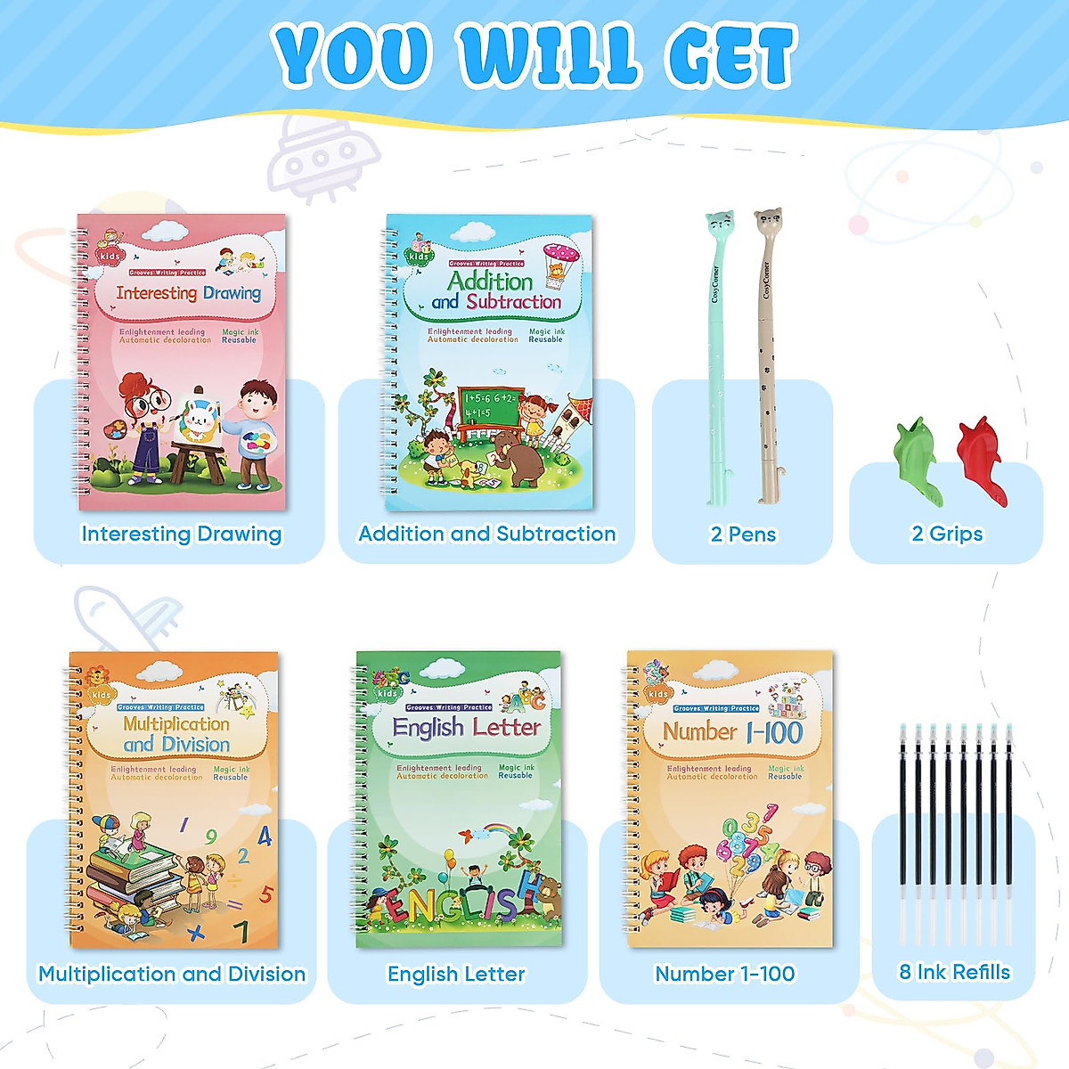 Magic Ink Copybooks for Kids Reusable Handwriting Workbooks for Preschools Grooves Template Design and Handwriting Aid Magic Practice Copybook for Kids The Print Writing (ENLARGED-Version 4books+Pens)