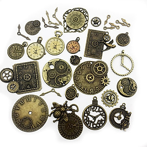 Youdiyla 100g Steampunk Clock Face Dial Pointer Charm Pendant, Mix Antique Metal Pendant Supplies Findings for Jewelry Making (Bronze HM71)