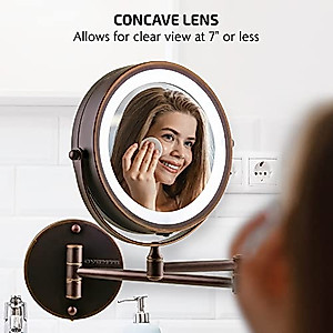 OVENTE 7" Lighted Wall Mount Makeup Mirror - 1X/ 10X Magnification, Battery Powered Glow Cosmetic Light up, Spinning 360-Degree, Double Sided LED, Extendable, Folding Arm, Antique Bronze MFW70ABZ1X10X