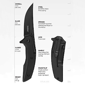 Kershaw Outright Black Pocket Knife, 3 inch 8Cr13MoV Stainless Steel Blade, SpeedSafe Opening, Stainless Steel Handle with PVD Coating, 8320BLK