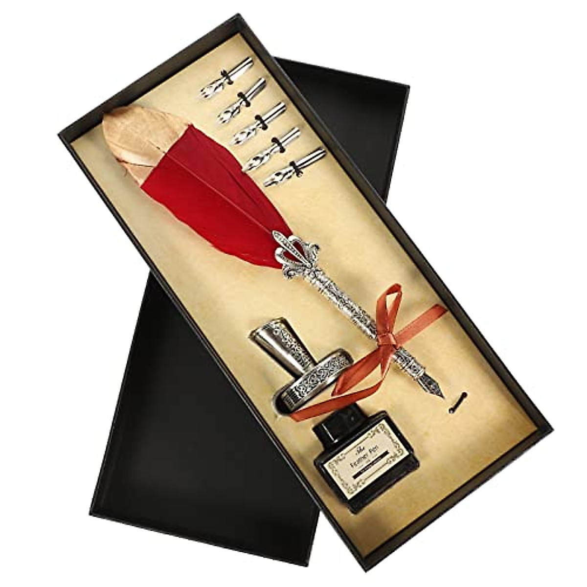 Operitacx Calligraphy Pens Quill Pen and Ink Set with Calligraphy Dip Pen Inkwell Stand Replacement Nibs for Writing Paper Letter Birthday Gift Wine Red Fountain Pen Ink