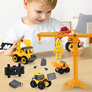 NETNEW Take Apart Construction Trucks Toys for 3 4 5 6 Year Old Boys with Electric Drill and Map Kids Stem Building Toy