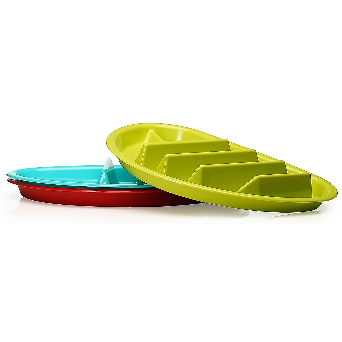 Stephanie Imports MADE IN USA Set of 3 Taco Serving Plastic Plates With Side Compartments in Teal, Red and Lime Green (BPA-Free, Microwave and Dishwasher Safe)