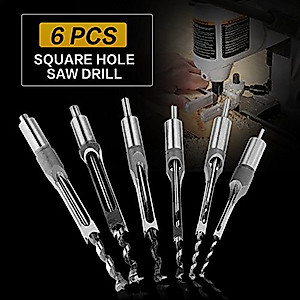 6Pcs Hole Drill Bit, Square Hole Drill Bit Woodworking Hole Saw Mortising Chisel Drill Bit Tool 1/4-Inch, 3/4inch, 3/8-Inch, 5/8-Inch, 5/16-Inch, 9/16-Inch Hole Saw Drill Bit Auger Rotation Wood Tool