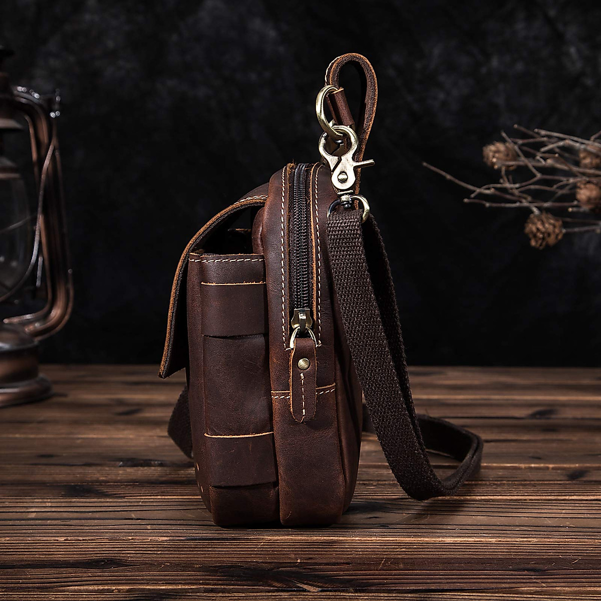 Le'aokuu Mens Genuine Leather Coffee Fanny Small Messenger Shoulder Satchel Waist Bag Pack (V832 DB)