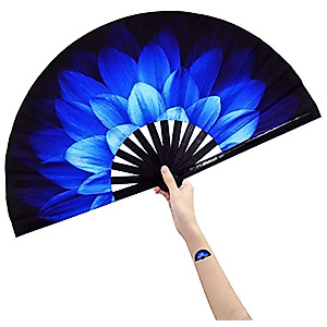 Amajiji Large Folding Fan, Rave Festival Accessories for Men/Women, Chinease/Japanese Bamboo Hand Fan, Performance Decoration Gift Dance Handheld Fan (Blue Flowers)