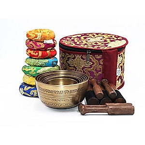 SANSKAR NEPAL Tibetan High Sided Singing Bowl Set in a Purple Carry Box for Meditation, Yoga, Relaxation (7 Sets with diameter ranging 3" - 5")