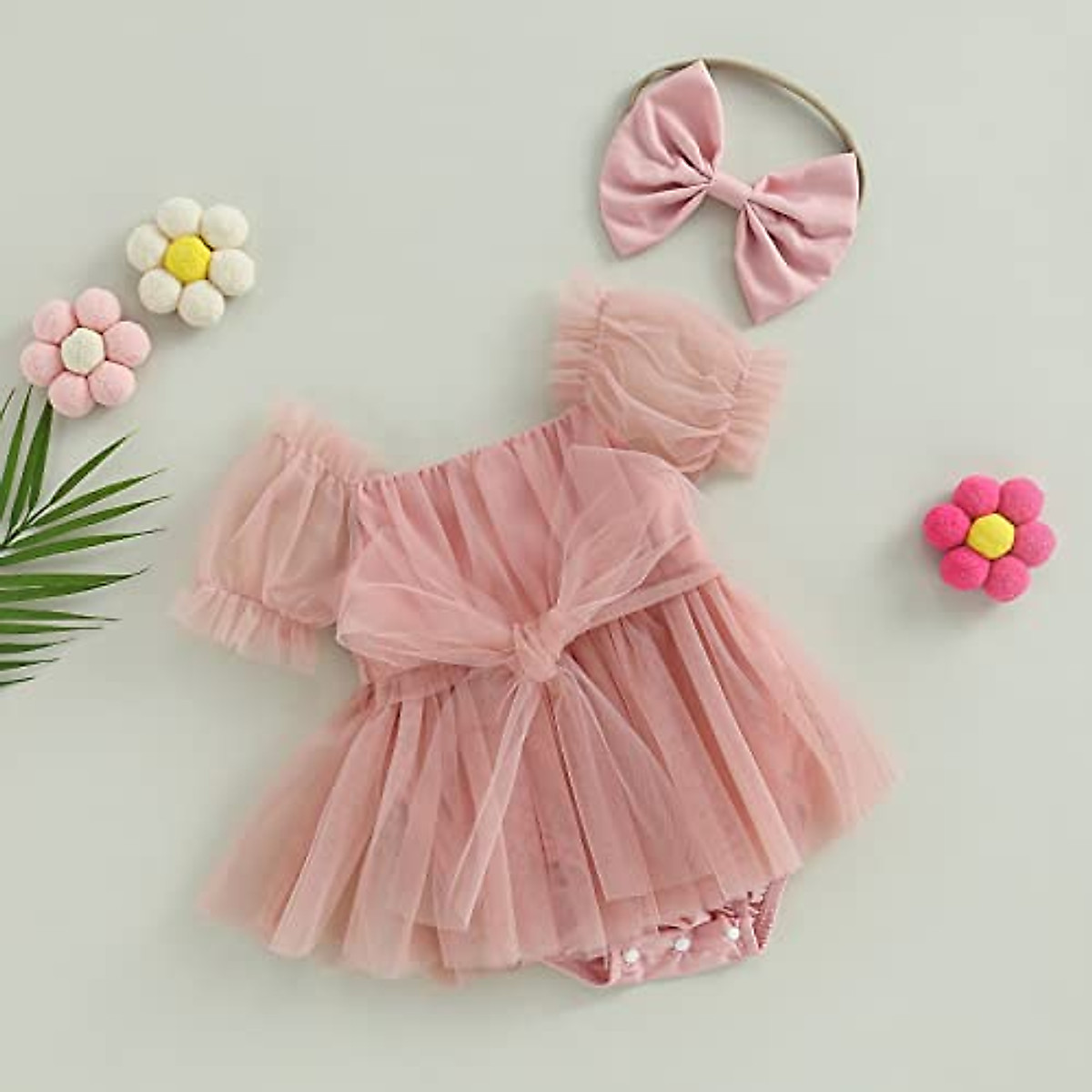 VISGOGO Summer Newborn Baby Girls Rompers Dress Flower Embroidery Mesh Short Sleeve Jumpsuits Headband Casual Outfits (Pink-mesh, 12-18 Months)