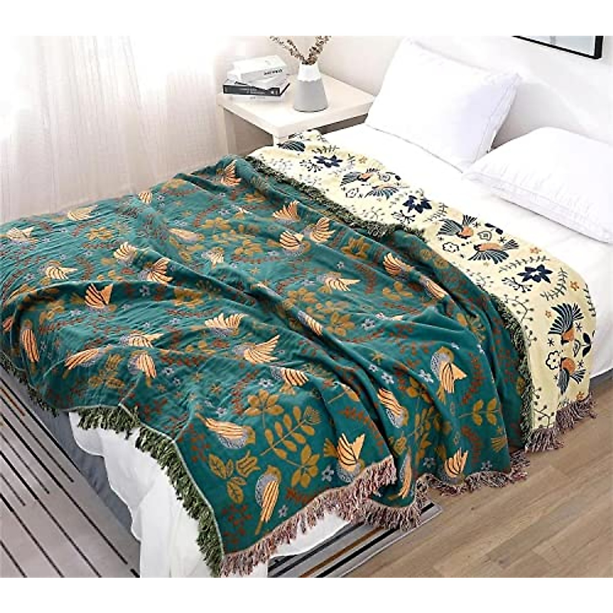 MSGKV Boho Throw Blankets 100% Cotton Blankets 80''Wx 90''L Throw Blanket for Bed Couch Sofa Double Sided Knit Blanket Warm Blanket Cover Sheet Reversible Blanket Wearable Fall Blanket