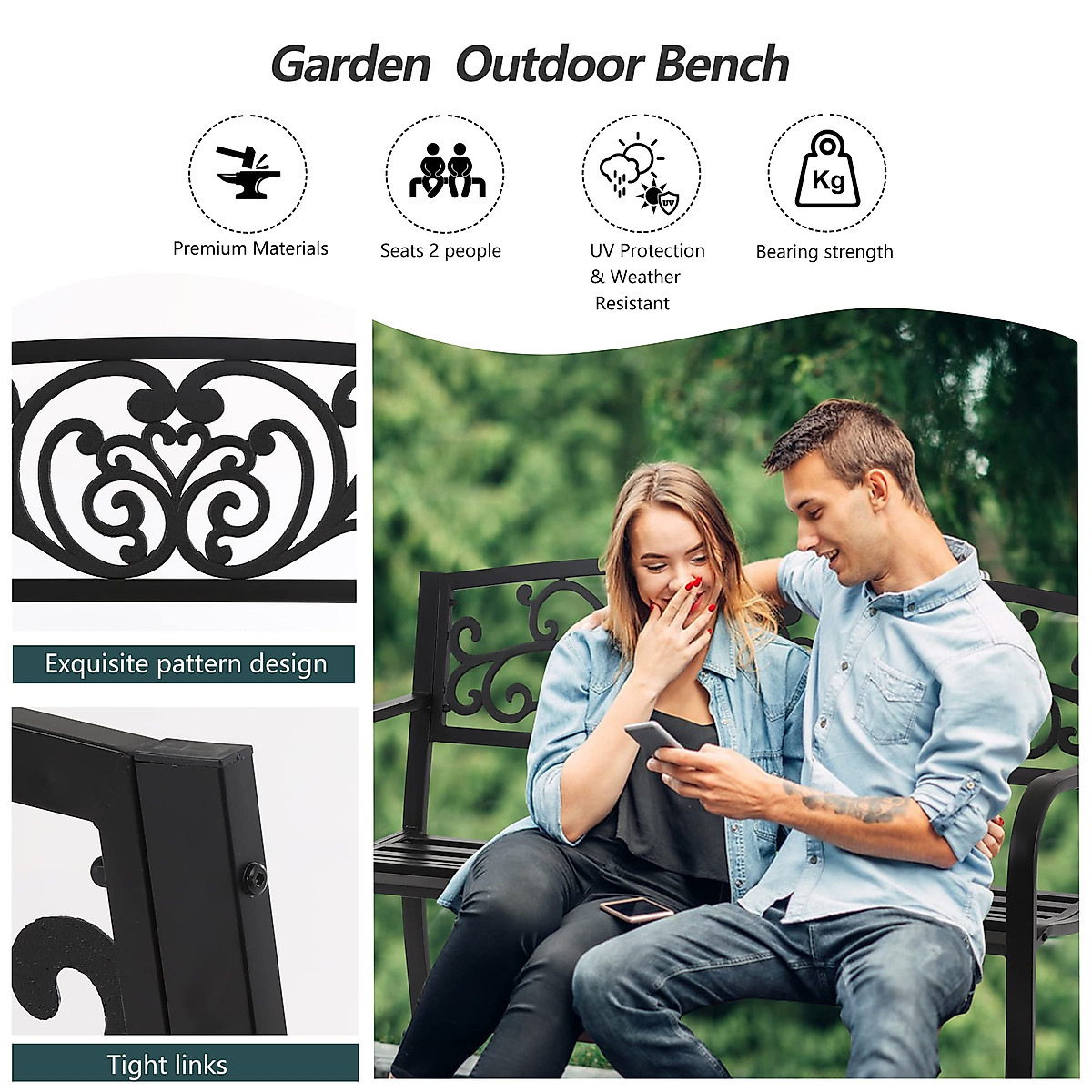 Ruesleag Garden Bench,Outdoor Bench Metal Bench Patio Porch Furniture with Sturdy Steel Frame for Lawn Park Deck Black