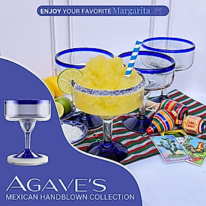AGAVE'S GLASSWARE Margarita Glasses Set of 4 (16 oz) Gift Box – Cobalt Blue Rim Margarita Glass, Handmade, Mexican Glassware, Cocktail Glasses, Coupe Glasses (Cobalt Blue Rim).