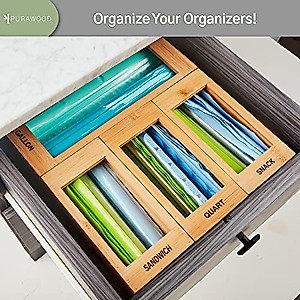 Purawood Ziplock Bag Storage Organizer - Natural Bamboo Organizer to Declutter Your Kitchen – Easy & Efficient Ziplock Bag Organizer - Baggie Holder Compatible with all Brands (4-Pack)