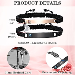 Personalized Custom His and Hers Handmade Rope Braided Nameplate ID Matching Couple Bracelets for Lover (Black-rosegolden-black 5-7mm couple customize-heart)