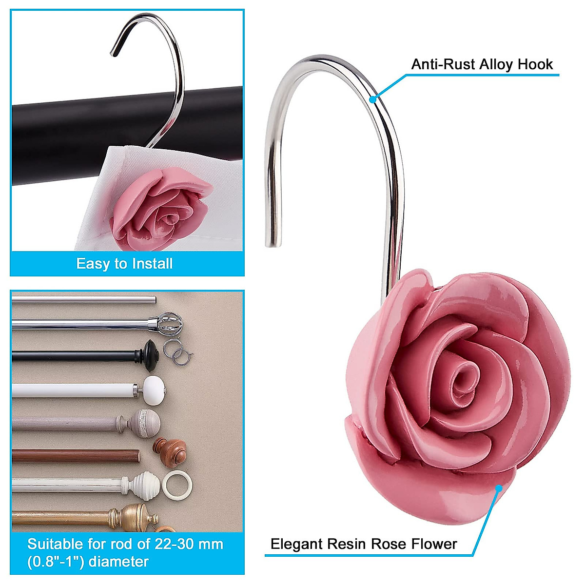 AGPTEK Rose Shower Curtain Hooks, 12PCS Anti Rust Decorative Resin Hooks for Bathroom, Baby Room, Bedroom, Living Room Decor (Pink Rose)