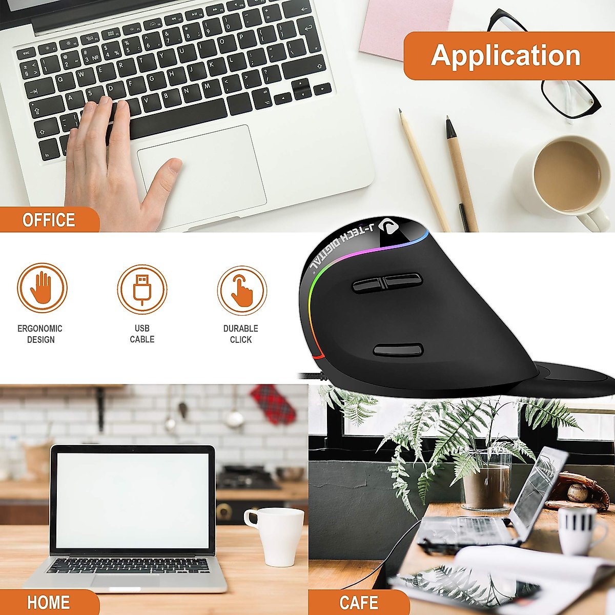 J-Tech Digital V638R Ergonomic Wired Mouse, 4 DPI Settings, RGB LED Variations, Magnetic Removable Palm Rest, 6 Button Functions, 1 Year Manufacturer Replacement Warranty