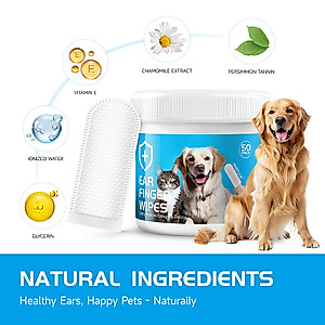Maylle Ear Finger Wipes for Dogs & Cats - Gently Clean Ear Wax,Reduce Inflammation,Sooths & Deodorizes,Non-Irritating Natrual Ingredients (50 Count)