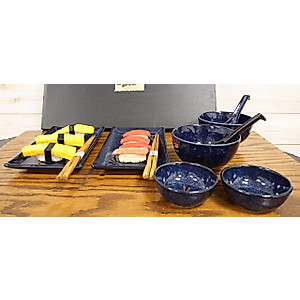 Ebros Gift Japanese Mino Ware Tombo Dragonfly Blue Porcelain Sushi Dinnerware 10pc Set For 2 People Pairs of Sushi Plates Soup And Sauce Bowls Bamboo Chopsticks Asian Soup Spoons Housewarming Gift