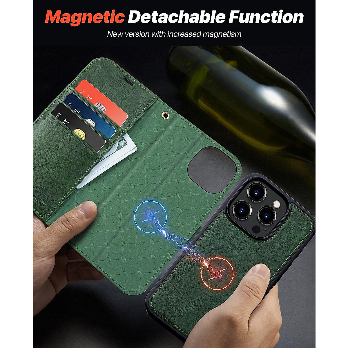 OCASE for iPhone 15 Pro Max Case Detachable Wallet Case with Card Holder, [2 in 1] PU Leather Flip Folio Case with RFID Blocking Stand Shockproof Phone Cover 6.7 Inch, Blackish Green