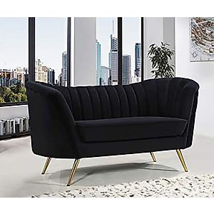 Meridian Furniture Margo Collection Modern | Contemporary Velvet Upholstered Loveseat with Deep Channel Tufting and Rich Gold Stainless Steel Legs, Black, 65" W x 30" D x 33" H