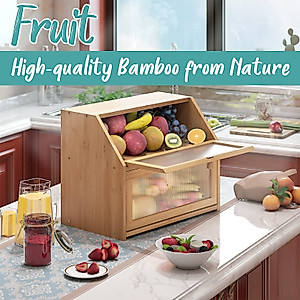 Vriccc Large Bread Box for Kitchen Counter, Double Layer Bamboo Wooden Large Capacity Bread Storage Bin with Acrylic Wavy Door Panel