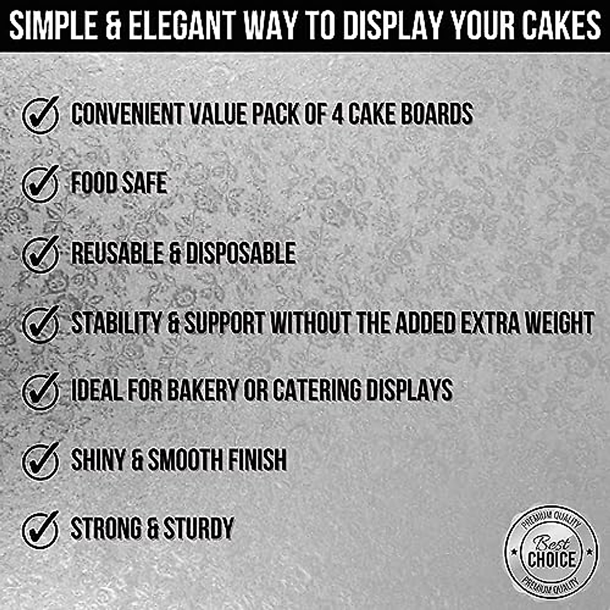 Cake Boards (4 Pack, 12 inch, Silver), Reusable Round Cake Drums for Showstopping Desserts, Heavy-Duty Disposable Cardboard Cake Bases W/Elegant Patterns, Cake Decorating Supplies by PixiPy