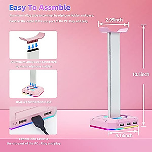 TuparGo Pink Headphone Stand RGB Lights Gaming Headset Holder with 3 USB Port for Charging or Connecting Headset Keyboard and Mouse,9 Modes Can be Toggles and Off,Aluminium Connecting Rod.