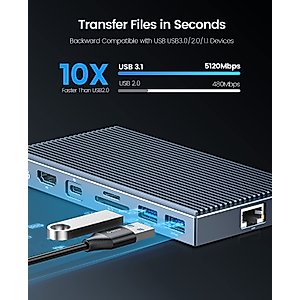 USB C Docking Station with M.2 NVMe SSD Enclosure, ORICO 9-in-1 USB-C Hub Adapter with NVMe Slot(Up to 4TB), PD 100W, 3 x 10Gbps USB3.1 USB-A, Type-C, 4K HDMI, TF/SD, Ethernet RJ45, Audio