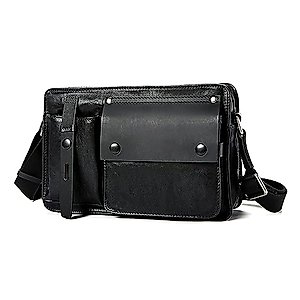 Men's Small Crossbody Shoulder Bag Multi-Pocket Satchel Bags Genuine Leather Business Commuting Messenger Bag (Black)