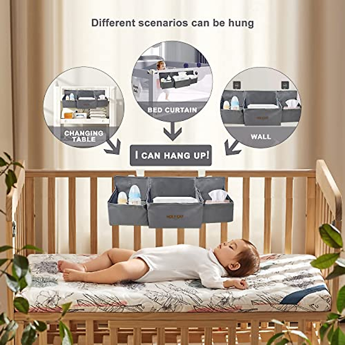 Holy Cat Hanging Baby Diaper Caddy Organizer with Paper Pocket for Changing Table Crib Playard Organization Nursery Organization Hanging Nursery-Grey…