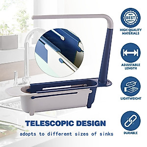 Tmnoa Telescopic Sink Storage Rack,Adjustable Length 2-in-1 Sink Storage Rack Holder Drain Rack for Kitchen Sponge and Soap Expandable Storage Drain Basket for Home Kitchen (Blue)