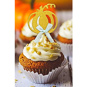 Pumpkin Cupcake Toppers Boy, Fall Theme Cake Decorations for Pumpkin Baby Shower, Birthday Party Decorations-24 Packs