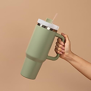 Sweet Water Decor 40 Oz Tumbler with Lid and Straw - Sage Green Insulated Tumblers for Hot & Cold Drinks - Coffee Tumbler with Narrow Base, Easy-Carry & Comfortable Grip Handle - Leak Proof Tumbler