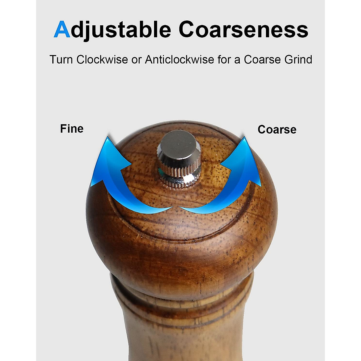 TooWoom Pepper Grinder Salt Grinder Wooden Pepper Mill Grinder w/Adjustable Coarse, 8 inch Tall Wood Refillable Manual Pepper Grinder Mill Peppermill for Black Peppercorn, Easy Clean w/Cleaning Brush