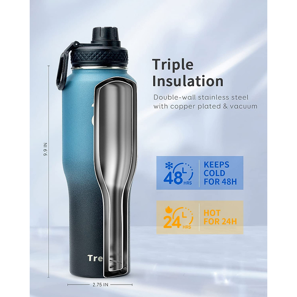 Trebo 32oz Insulated Water Bottle that Fits in Cup Holder, Stainless Steel Double Wall Tumbler Flask Bottles with Paracord Handle, with Straw Spout Lids, Keep Cold for 48 Hrs/Hot 24 Hrs,Indigo/Black