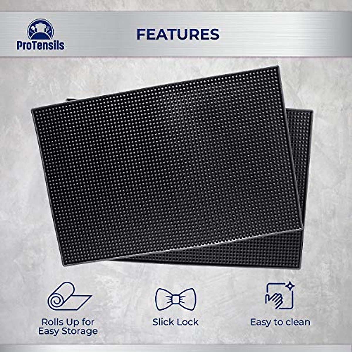Rubber Bar Mat by ProTensils, 18" x 12", Black Bar Mats, Bar Service Mat, Black Coffee Bar Mat, Spill Mat for Counter-Top (2 Pieces)