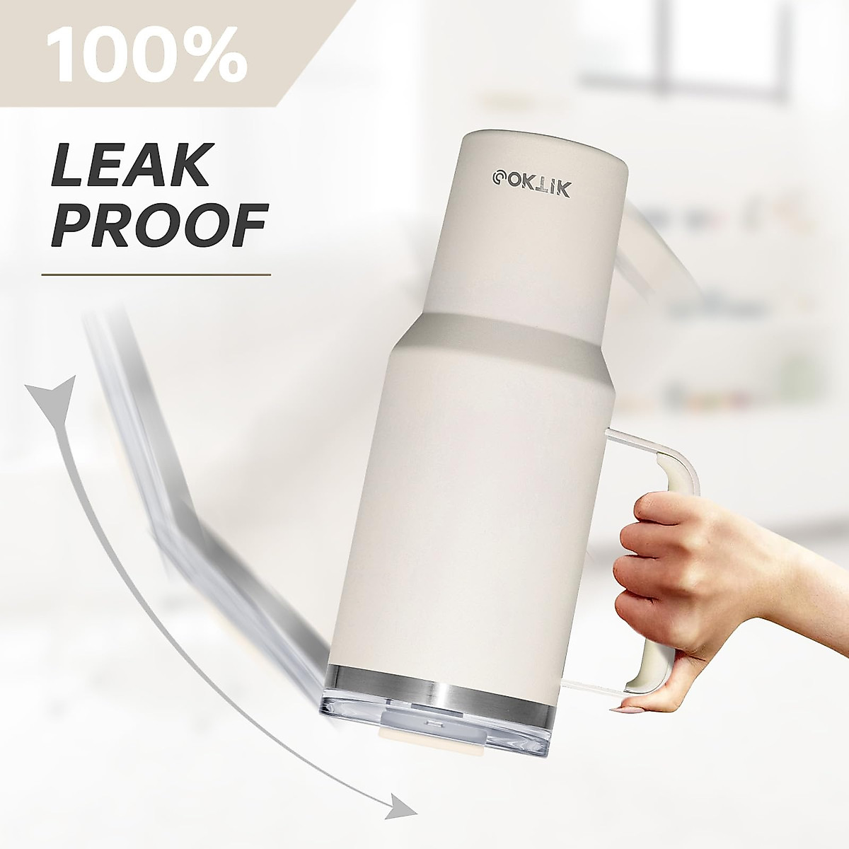 COKTIK 40 oz Tumbler With Handle and Straw Lid, 2-in-1 Lid (Straw/Flip), Vacuum Insulated Travel Mug Stainless Steel Tumbler for Hot and Cold Beverages,Easy to Clean (Beige)