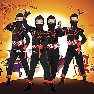 ThinkMax Boys Ninja Costume for Kids Halloween Dress Up Party with Ninja Foam Accessories Toys (M 7-9 Years)
