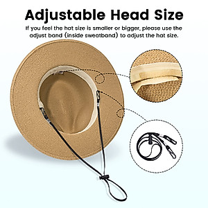 Simplicity Beach Hats for Women Fedora Hats Women Sun Hat Men Straw Hat with Chin Strap Cute Panama Sun Hat,Light Brown/Black Thread Belt