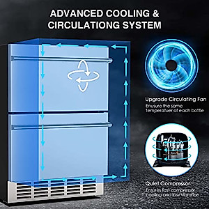 24 Inch Under Counter Double Drawer Fridge, Indoor and Outdoor Beverage Refrigerator, Weather Proof Stainless Steel Beverage Fridge for Home & Commercial Use, Built-in and Freestanding (Foam Door)