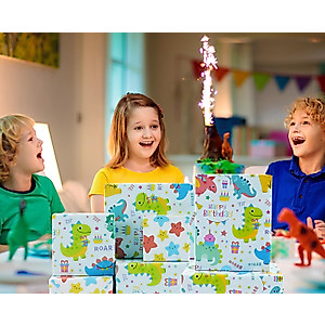 U'COVER Dinosaur Wrapping Paper Rolls Happy Birthday Gift Wrapping Paper Roll for Kids Boys Girls Baby Reversible Gift Wrap Dinosaur Star for Bday Party (DINOSAUR)