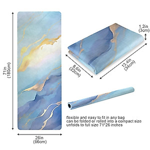 GOODOLD Blue Gold Marble Yoga Mat, 71 x 26 Inch Non-slip Yoga Mats Folding Travel Exercise Mat Indoor Outdoor Gym Pilates with Storage Bag for Women Men