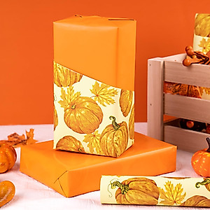 WRAPAHOLIC Reversible Autumn Wrapping Paper - Mini Roll - 17 Inch X 33 Feet - Pumpkin and Maple Leaves Print Design for Birthday, Holiday, Baby Shower