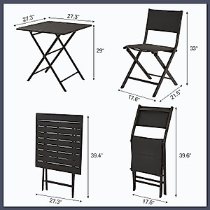 RICNOD Textilene Folable Patio Bistro Set, Padded Aluminum Rustproof Outdoor Seating Set with Table and 2 Chairs, for Porch, Garden, Backyard, Dark Grey