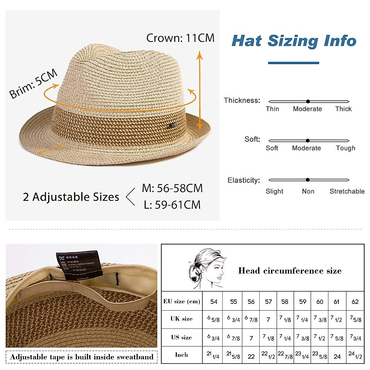Fancet Packable White Straw Fedora Panama Sun Summer Beach Derby Hat Cuban Trilby Men Women Medium