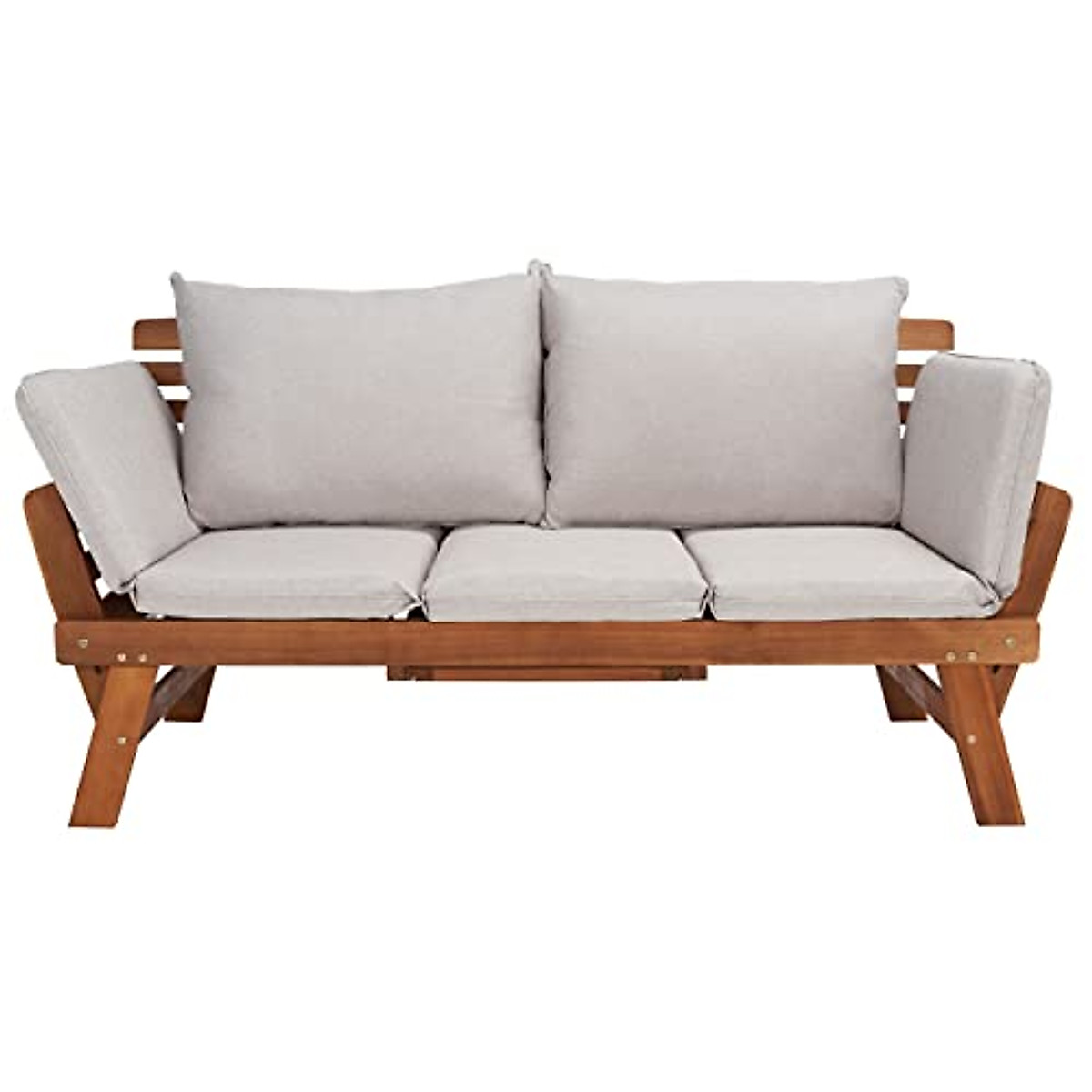 Safavieh PAT7300E Collection Emely Acacia Wood Expandable Loveseat Outdoor Daybed, Natural/Light Grey
