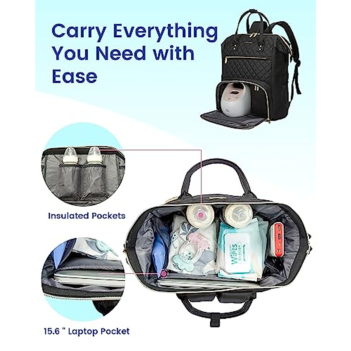 LOVEVOOK Breast Pump Backpack with Cooler Bag, Quilted Breast Pump Bags Fits Spectra S1, S2 Medela, Travel Double Layer Pumping Bag for Working Moms with 15.6" Laptop Pocket, Black
