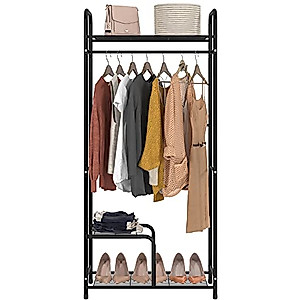 TZAMLI Clothes Rack with 3 Shelves and Rod, Metal Clothing Rack Garment Rack for Hanging Clothes, Standing Storage Shelf Unit for Closet (Black-3 Tier)