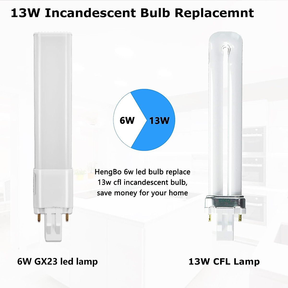 HengBO GX23 LED Bulb, 6W PL Horizontal Lamp, 13W CFL Bulb Equivalent, 180° Beam Angle, 6000K Daylight Recessed Down Light Bulb (Remove/Bypass The Ballast) – 2 Pack