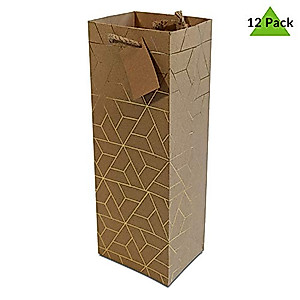 Wine Gift Bags - 12 Pack Brown Kraft Designer Paper Wine Bottle Bags with Handles, Gold Geometric Assorted Prints Gift Wrap for Parties, Weddings, House Warming, Holidays, Bachelorette, Bulk - 5x4x14